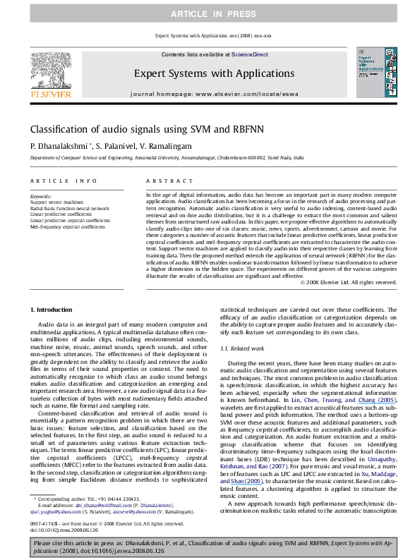 Pdf Classification Of Audio Signals Using Svm And Rbfnn