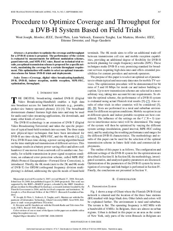 (PDF) Procedure to Optimize Coverage and Throughput for a DVB-H System Based on Field Trials