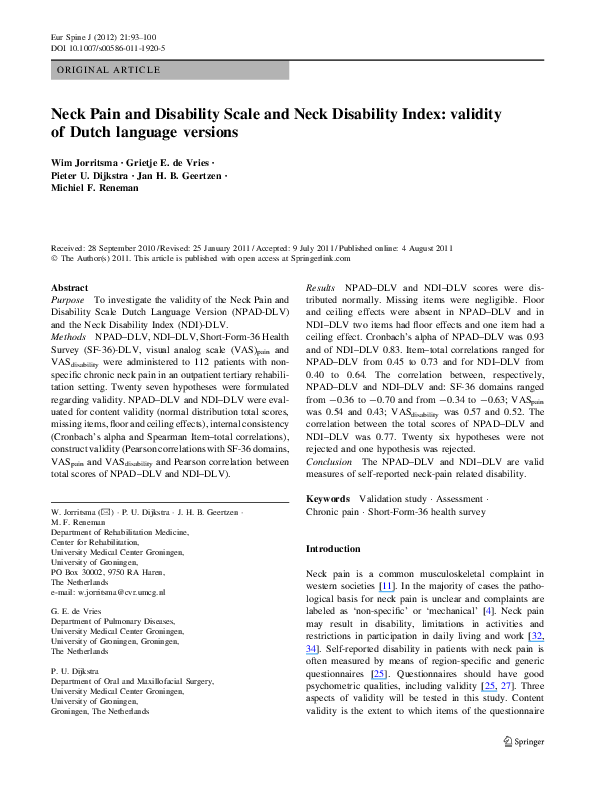 (PDF) Neck Pain and Disability Scale and Neck Disability Index ...