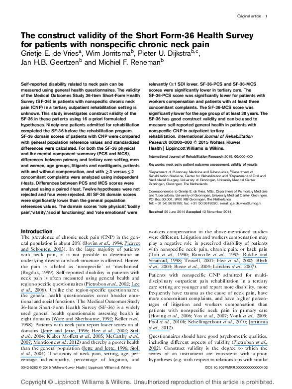(PDF) The construct validity of the Short Form-36 Health Survey for ...
