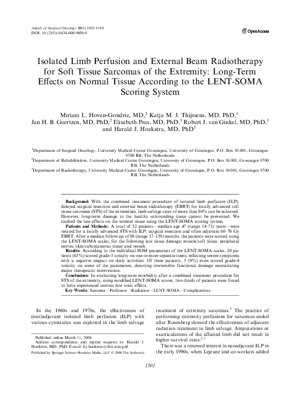 (PDF) Isolated Limb Perfusion and External Beam Radiotherapy for Soft ...