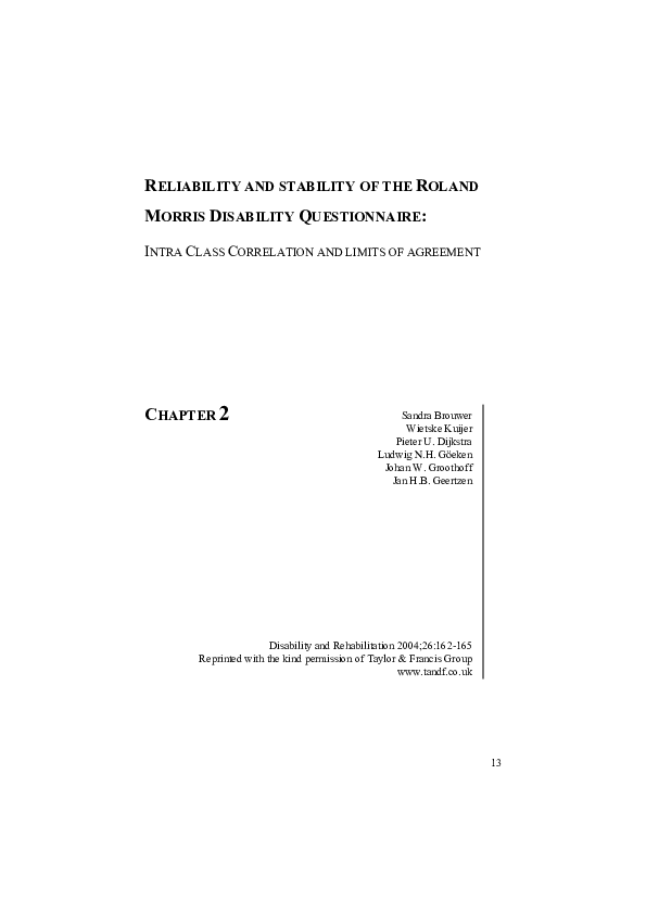 (PDF) Reliability and stability of the Roland Morris Disability ...