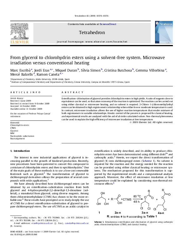 (PDF) From glycerol to chlorohydrin esters using a solvent-free system ...
