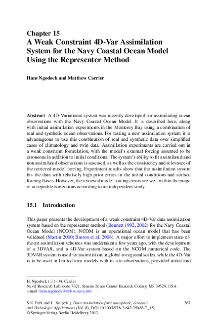 (PDF) A Weak Constraint 4D-Var Assimilation System for the Navy Coastal Ocean Model Using the ...