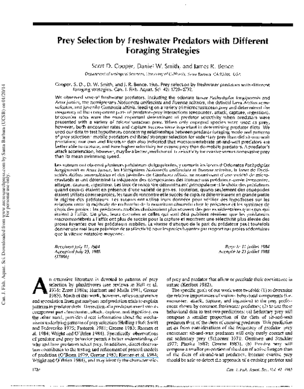 (PDF) Prey Selection by Freshwater Predators with Different Foraging ...