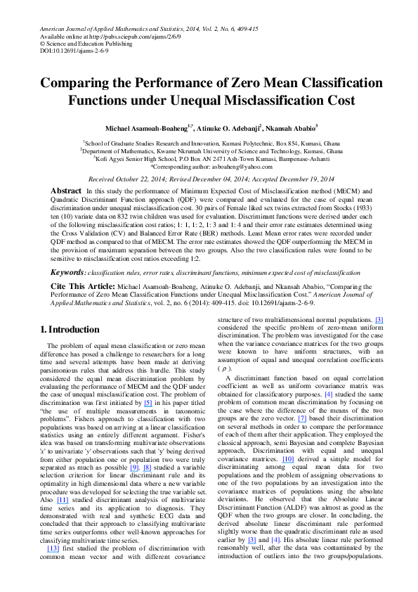 Pdf Comparing The Performance Of Zero Mean Classification Functions