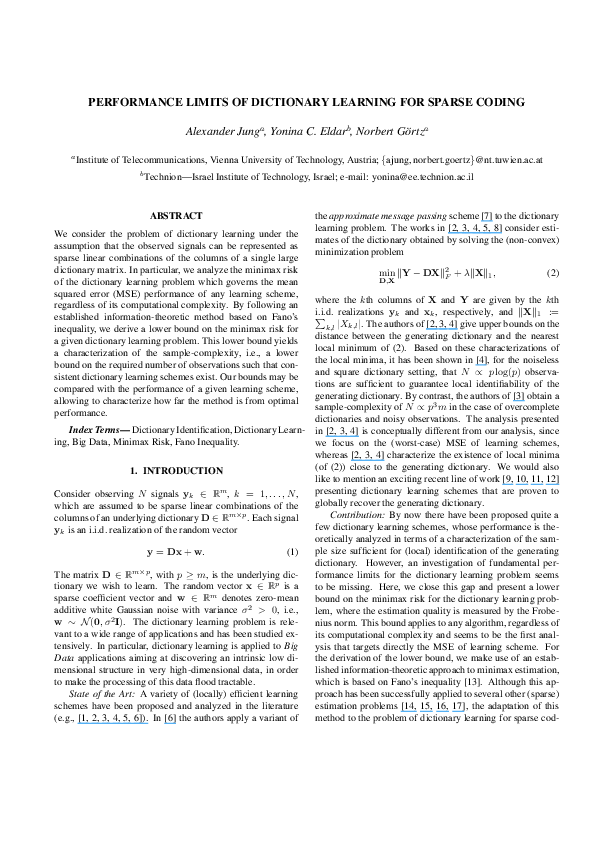 (PDF) Performance limits of dictionary learning for sparse coding