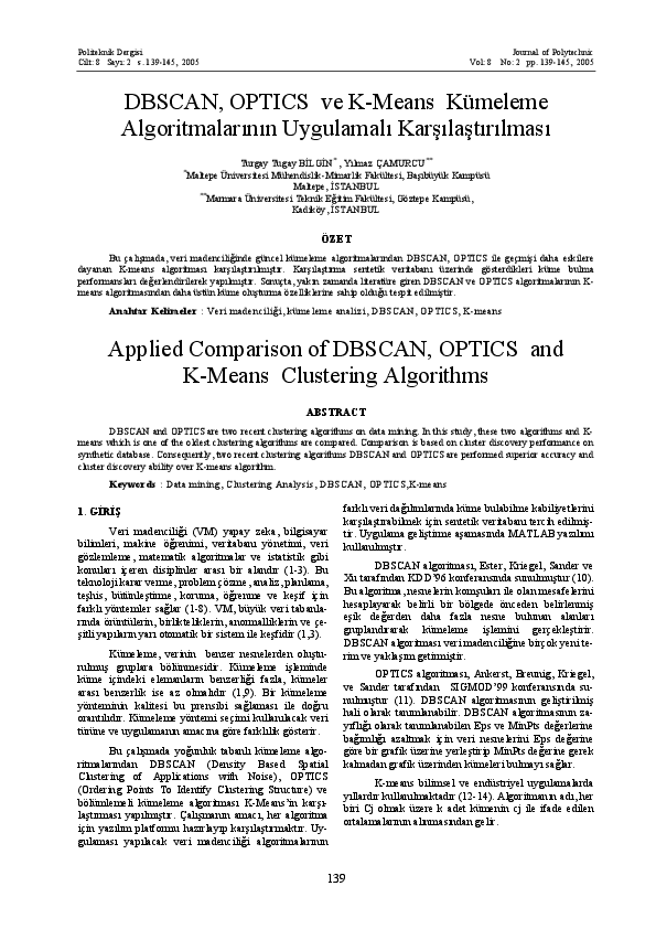 Pdf Dbscan Optics Ve K Means Kümeleme Algoritmalarının Uygulamalı Karşılaştırılması 