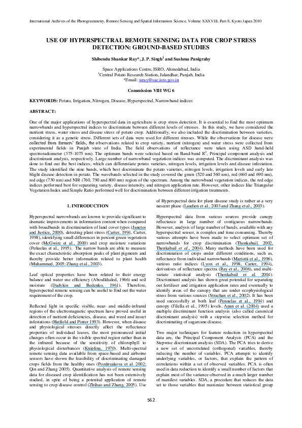 Pdf Use Of Hyperspectral Remote Sensing Data For Crop Stress