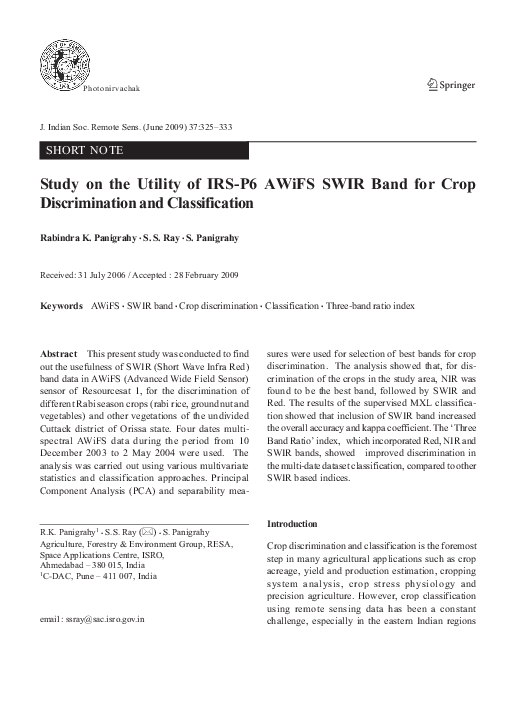 (PDF) Study on the utility of IRS-P6 AWiFS SWIR band for crop ...