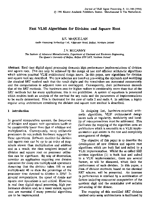 (PDF) Fast VLSI algorithms for division and square root