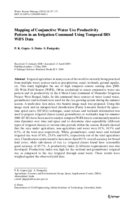 (PDF) Mapping of Conjunctive Water Use Productivity Pattern in an Irrigation Command Using ...