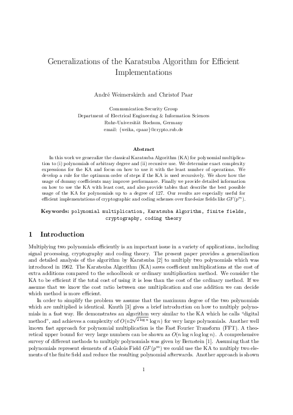 Generalizations Of The Karatsuba Algorithm For Efficient Implementations