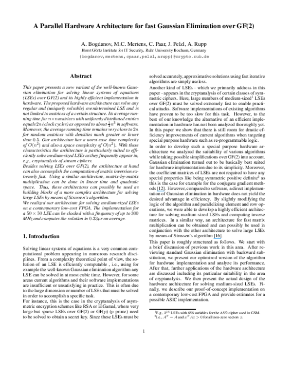 (PDF) A parallel hardware architecture for fast Gaussian elimination over GF (2)