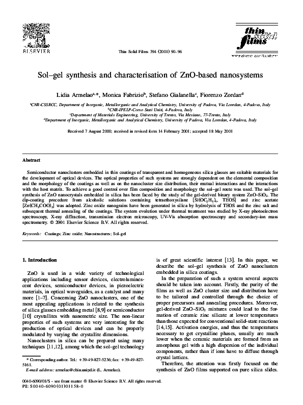 (PDF) Sol–gel synthesis and characterisation of ZnO-based nanosystems