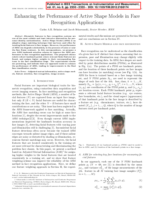 (PDF) Enhancing the Performance of Active Shape Models in Face Recognition Applications