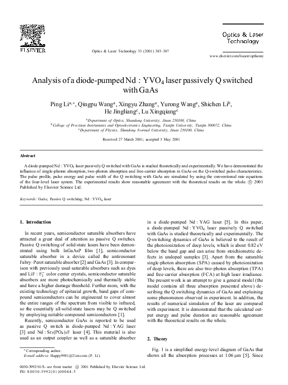 (PDF) Analysis of a diode-pumped Nd:YVO4 laser passively Q switched with GaAs