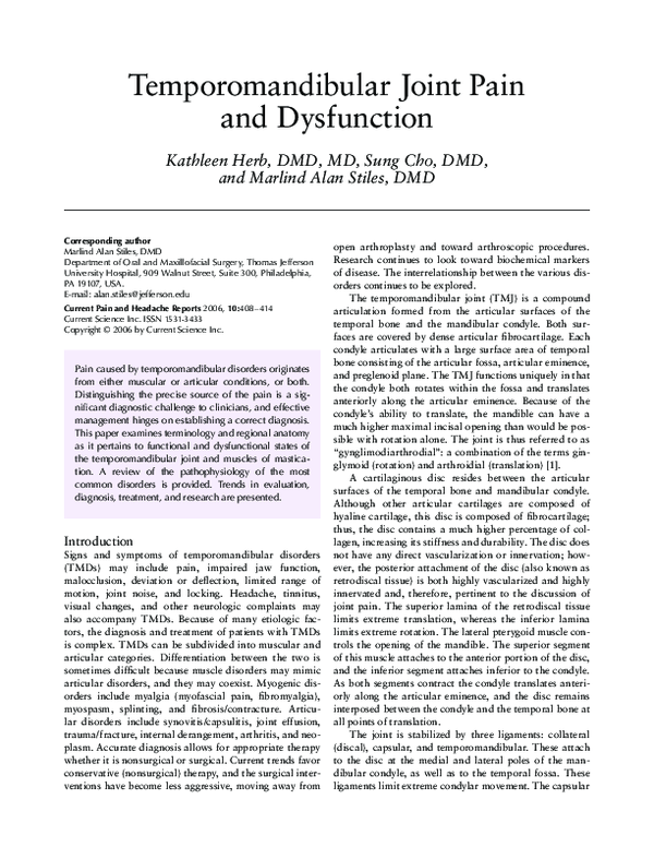(PDF) Temporomandibular joint pain and dysfunction