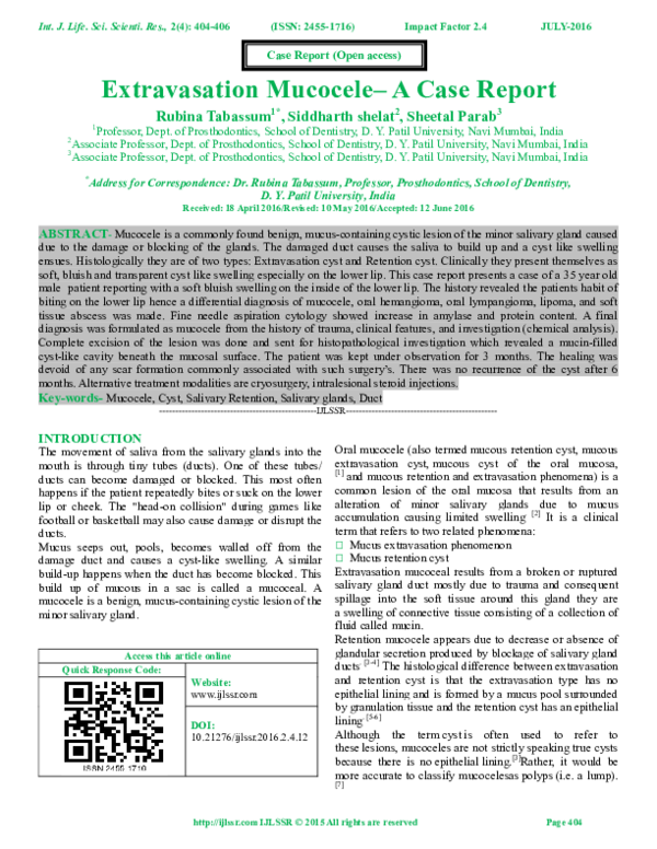 (PDF) An Oral Mucocele on Lower Lip; A Case Report and Literature ...