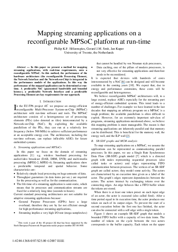 Pdf Mapping Streaming Applications On A Reconfigurable Mpsoc Platform At Run Time