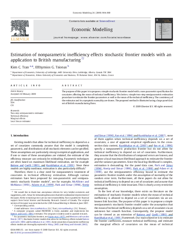 Pdf Estimation Of Nonparametric Inefficiency Effects Stochastic Frontier Models With An