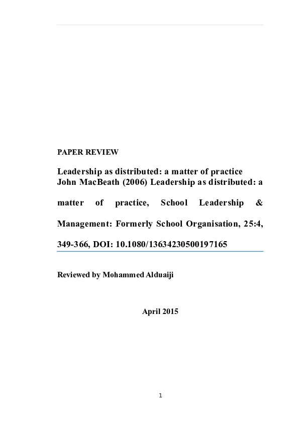 (DOC) Paper Review: Leadership as distributed: a matter of practice ...
