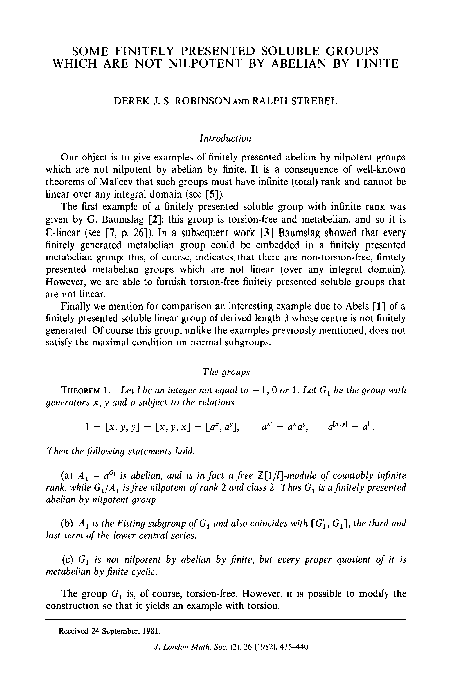 (PDF) SOME FINITELY PRESENTED SOLUBLE GROUPS WHICH ARE NOT NILPOTENT BY ABELIAN BY FINITE