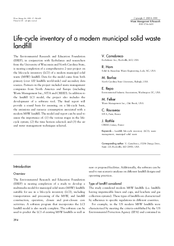 (PDF) Life-cycle inventory of a modern municipal solid waste landfill