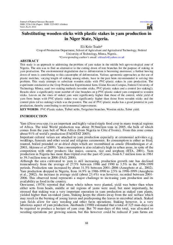 (PDF) Substituting wooden sticks with plastic stakes in yam production ...