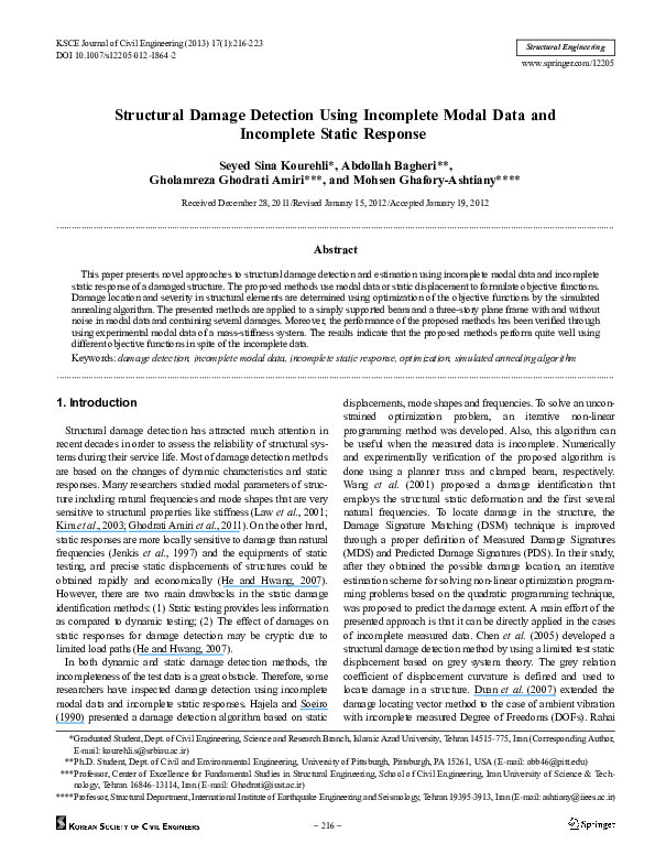 (PDF) Structural damage detection using incomplete modal data and incomplete static response ...