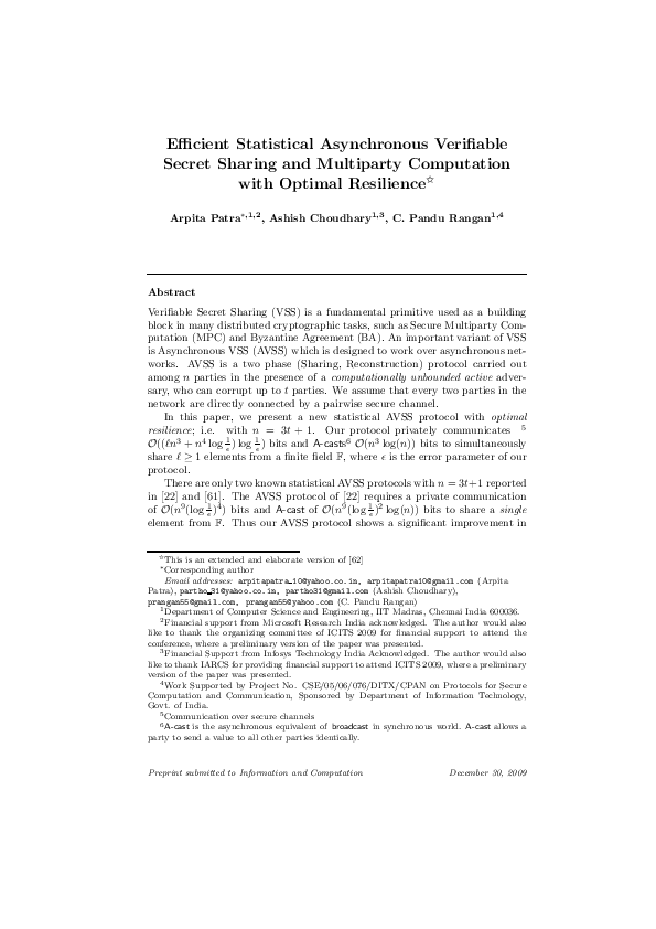 (PDF) Efficient Statistical Asynchronous Verifiable Secret Sharing with Optimal Resilience