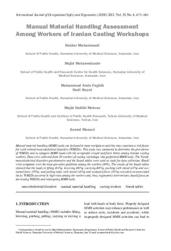 (PDF) Manual material handling assessment among workers of Iranian ...