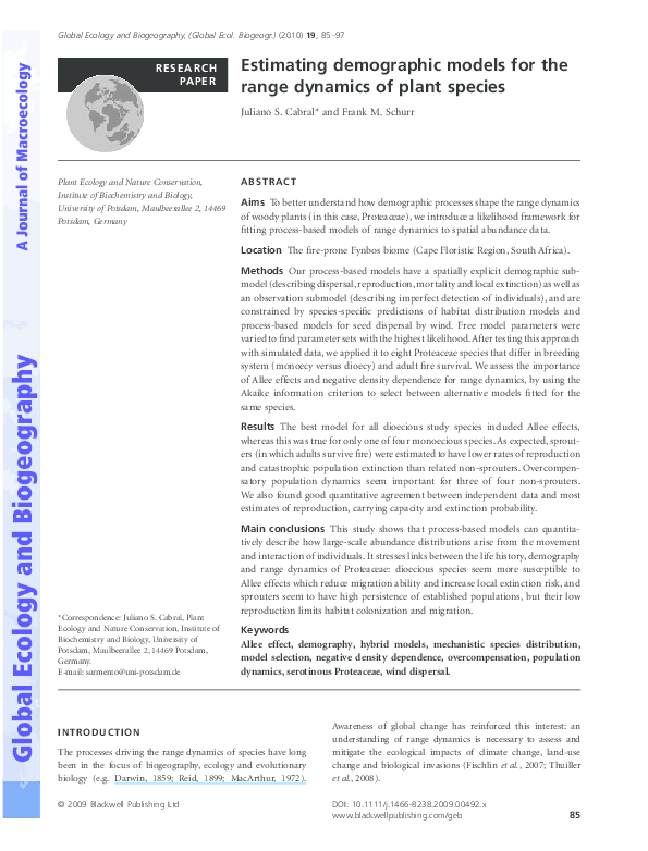 (PDF) Estimating demographic models for the range dynamics of plant species: Demographic models ...