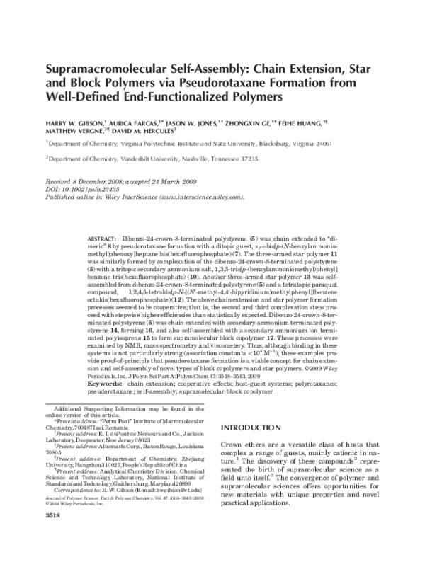 (PDF) Supramacromolecular self-assembly: Chain extension, star and ...