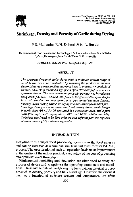 (PDF) Shrinkage, density and porosity of garlic during drying
