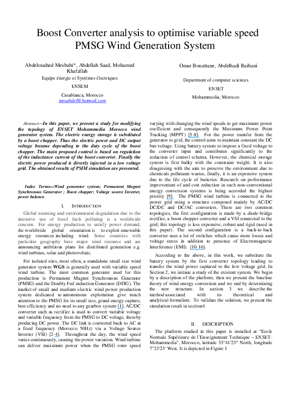 (PDF) Boost converter analysis to optimise variable speed PMSG wind generation system