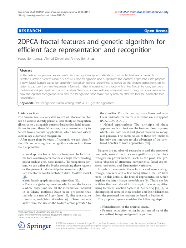 Pdf 2dpca Fractal Features And Genetic Algorithm For Efficient Face Representation And Recognition
