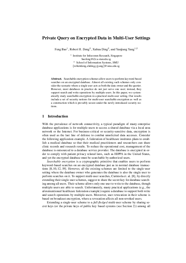 (PDF) Private Query on Encrypted Data in Multi-user Settings
