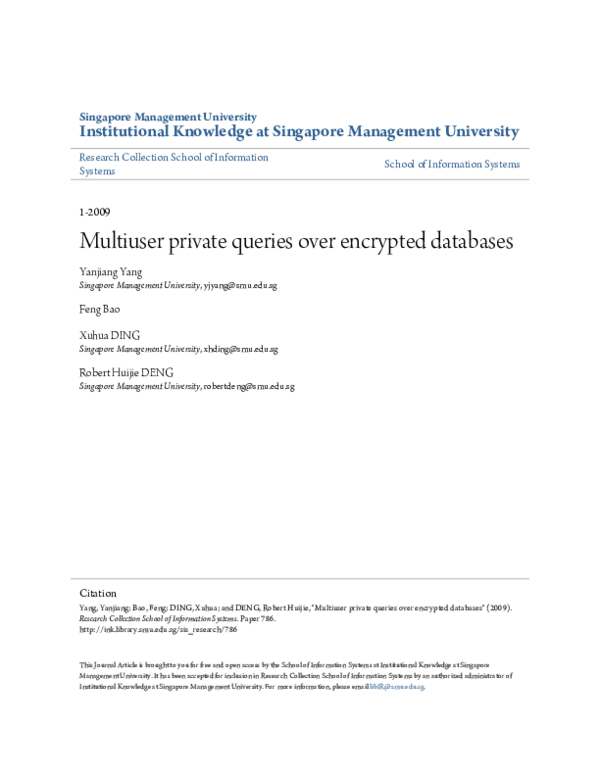 Pdf Multiuser Private Queries Over Encrypted Databases