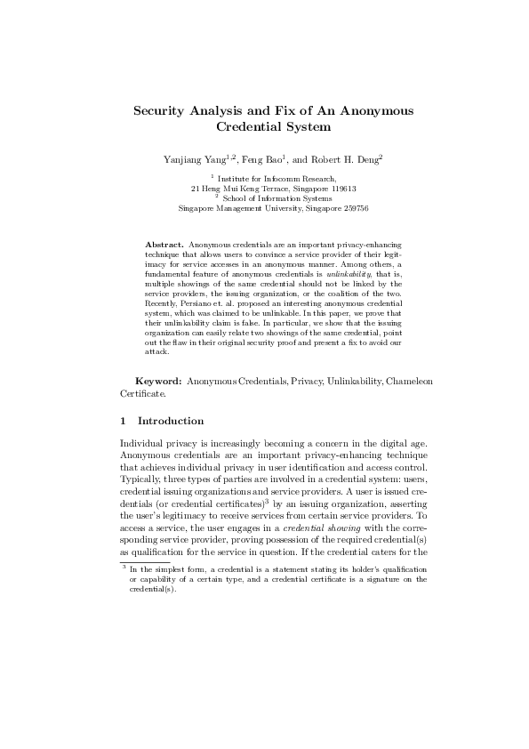 (PDF) Security Analysis and Fix of an Anonymous Credential System