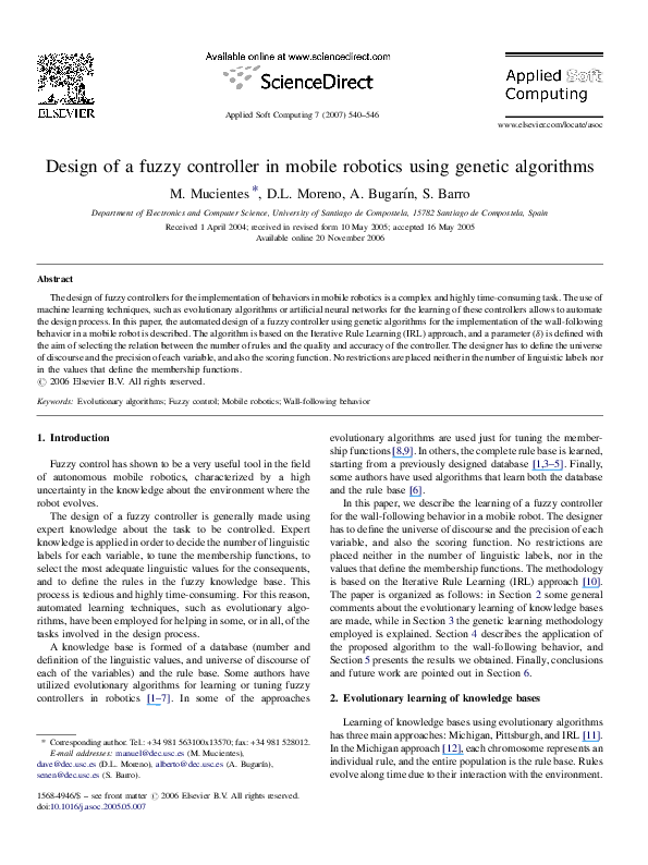 Pdf Design Of A Fuzzy Controller In Mobile Robotics Using Genetic Algorithms