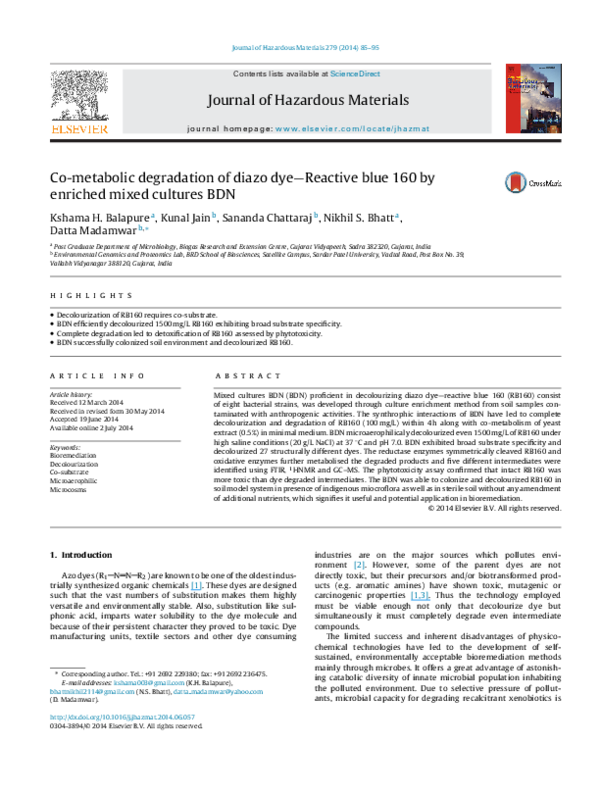 (PDF) Co-metabolic degradation of diazo dye—Reactive blue 160 by ...