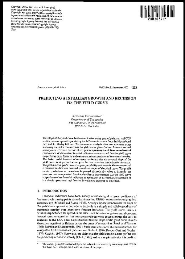 (PDF) Predicting Australian Growth and Recession Via the Yield Curve