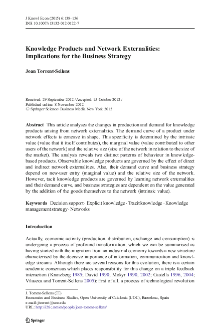 (PDF) Knowledge Products and Network Externalities: Implications for the Business Strategy
