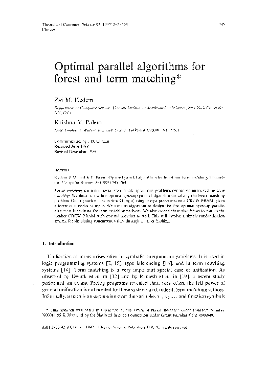 (PDF) Optimal parallel algorithms for forest and term matching