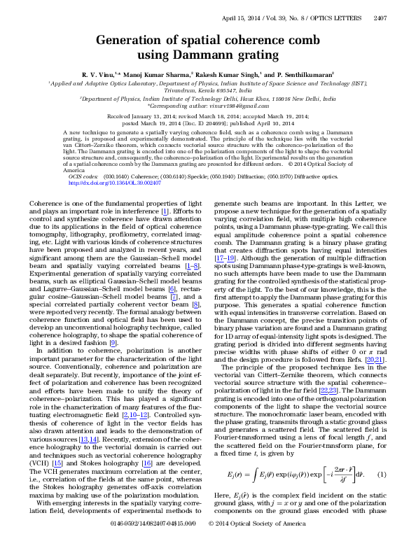 (PDF) Generation of spatial coherence comb using Dammann grating
