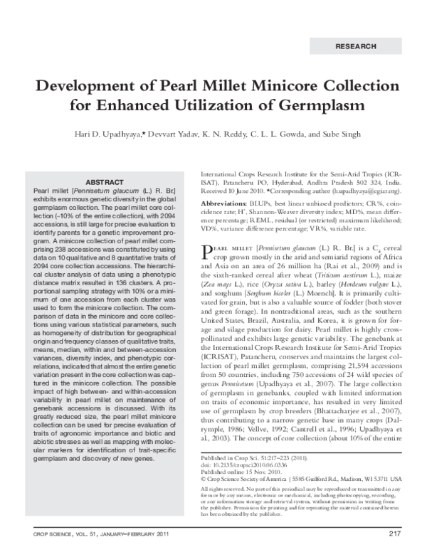 (PDF) Development of Pearl Millet Minicore Collection for Enhanced ...