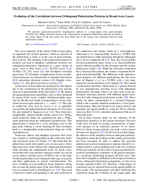 Pdf Evolution Of The Correlation Between Orthogonal Polarization Patterns In Broad Area Lasers