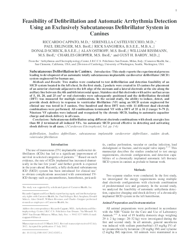 (PDF) Feasibility of Defibrillation and Automatic Arrhythmia Detection Using an Exclusively ...