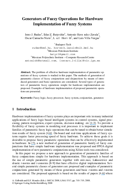 Pdf Generators Of Fuzzy Operations For Hardware Implementation Of Fuzzy Systems